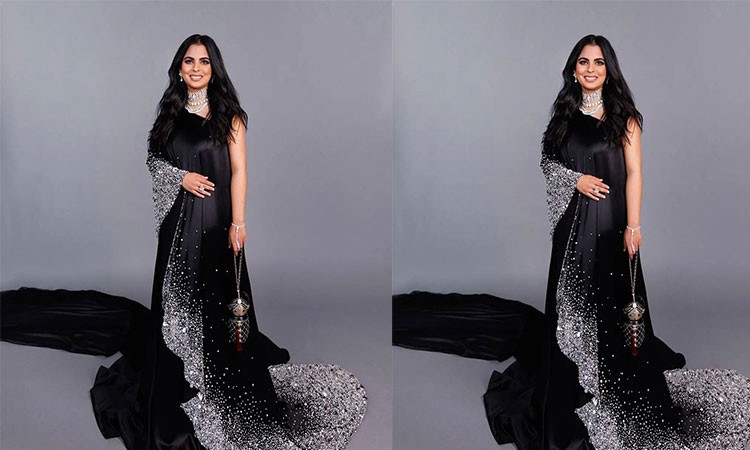 Isha Ambani stuns in a black saree-turned-gown with pearl embellishments