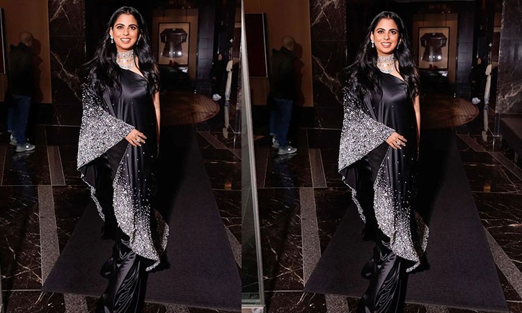 Isha Ambani stuns in a black saree-turned-gown with pearl embellishments