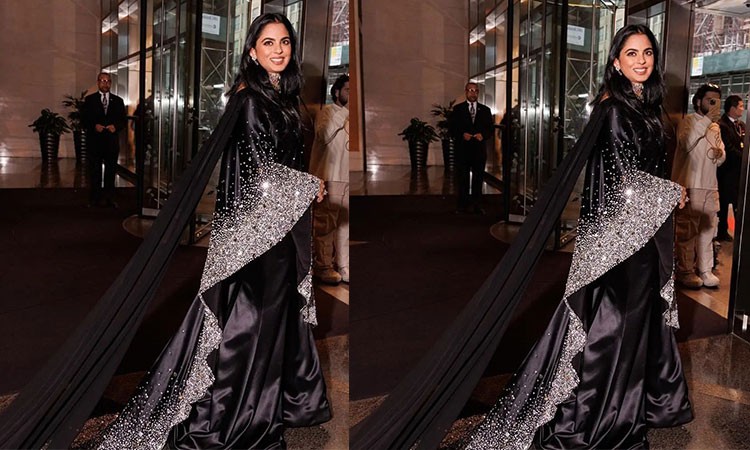 Isha Ambani stuns in a black saree-turned-gown with pearl embellishments