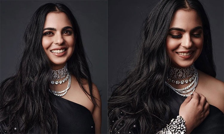 Isha Ambani stuns in a black saree-turned-gown with pearl embellishments