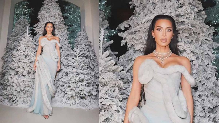 Kim Kardashian Flaunts her Curves in Icy Blue Silk Dress
