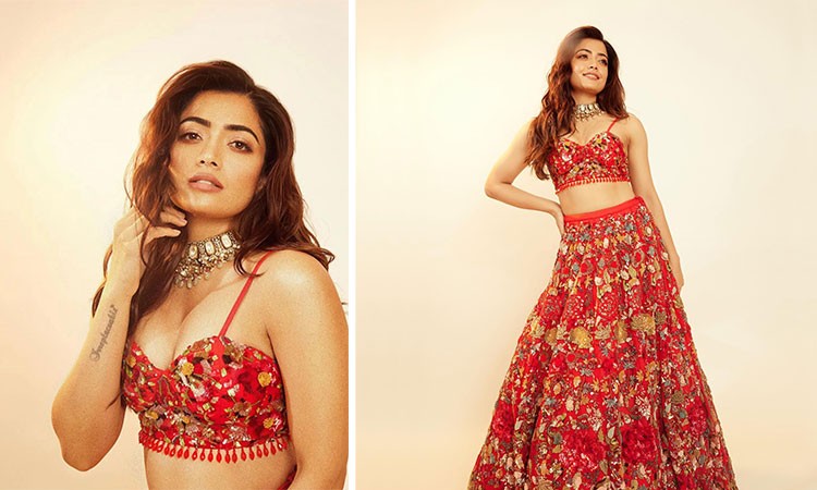 Rashmika Mandanna sizzles in a blood red, embellished floral lehenga