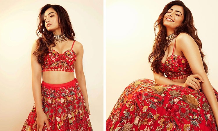 Rashmika Mandanna sizzles in a blood red, embellished floral lehenga