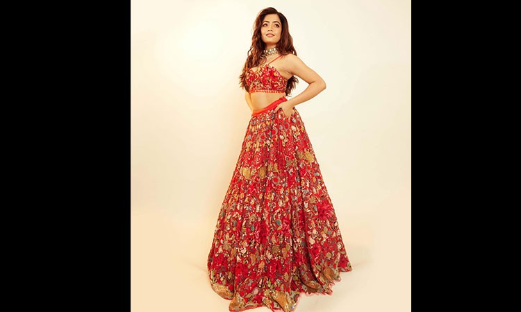 Rashmika Mandanna sizzles in a blood red, embellished floral lehenga